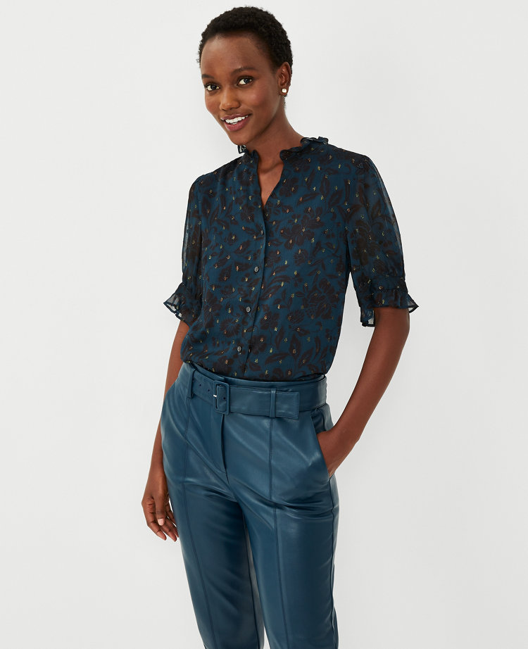 Floral Shimmer Clip Ruffle Button Top