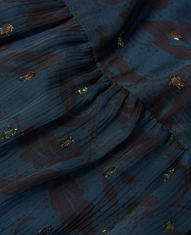 Floral Shimmer Clip Ruffle Button Top