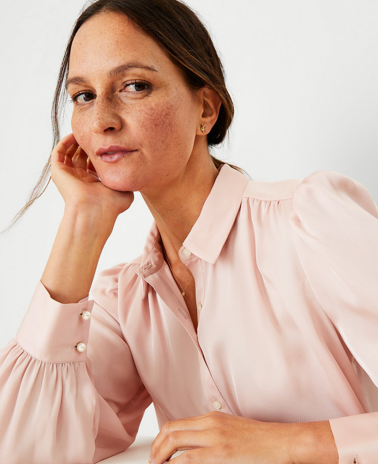 Shirred Pearlized Button Blouse