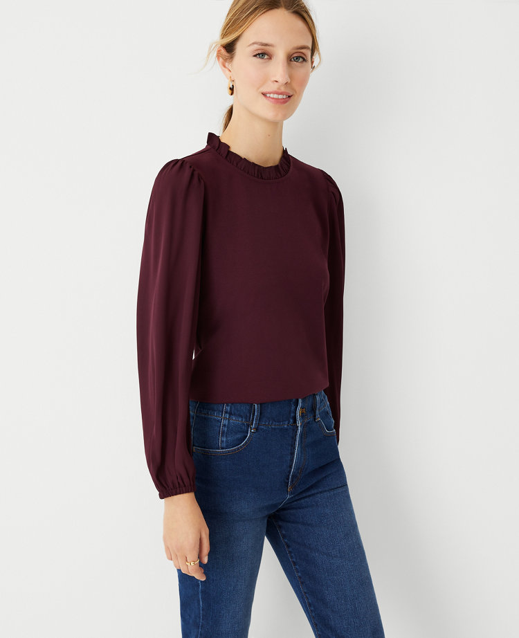 Mixed Media Ruffle Neck Top