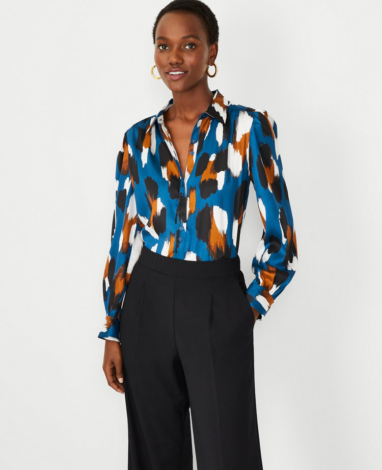 Abstract Animal Print Shirred Blouse