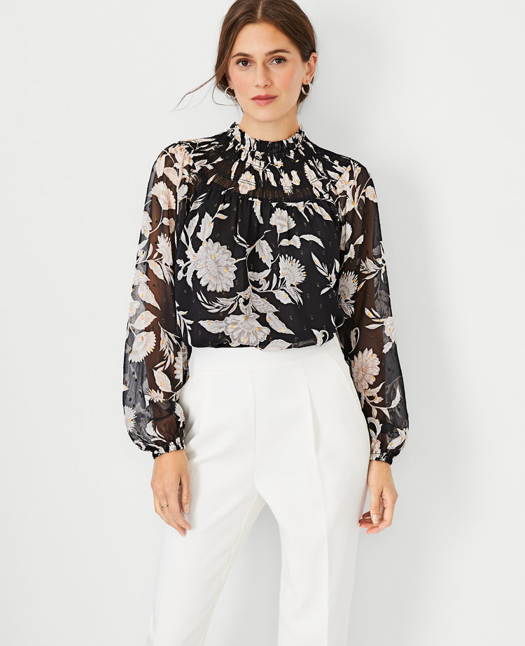 Shimmer Baroque Floral Clip Dot Smocked Ruffle Neck Top
