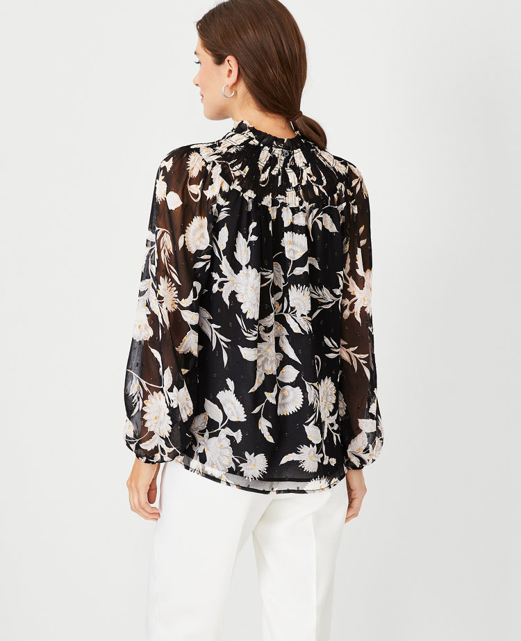 Shimmer Baroque Floral Clip Dot Smocked Ruffle Neck Top