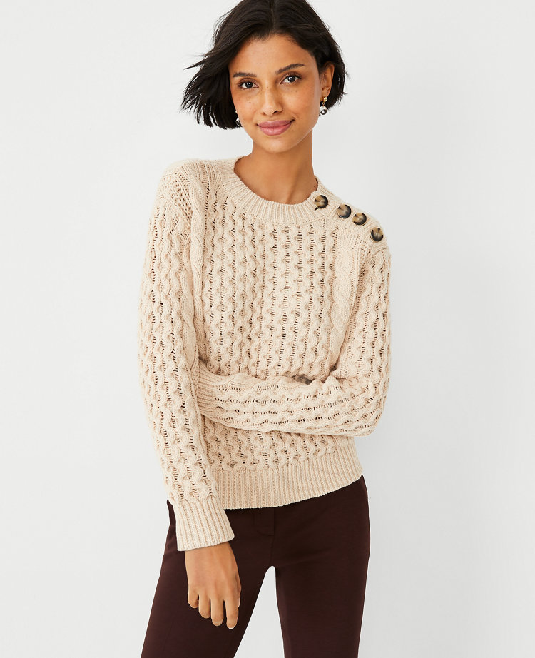 Petite Mixed Cable Shoulder Button Sweater