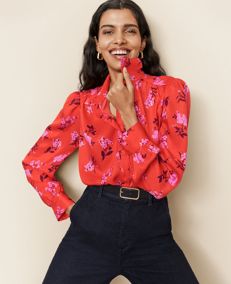 Petite Floral Collared Button Down Blouse