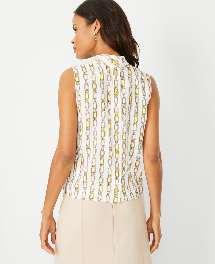 Petite Chain Print Mock Neck Button Back Shell