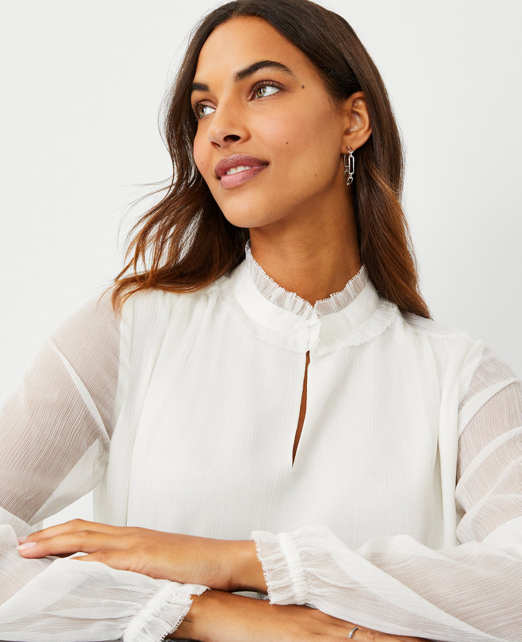 Petite Ruffle Neck Shirred Blouse