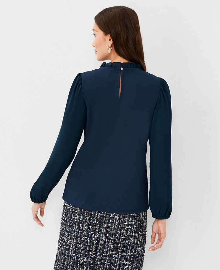 Mixed Media Ruffle Neck Top