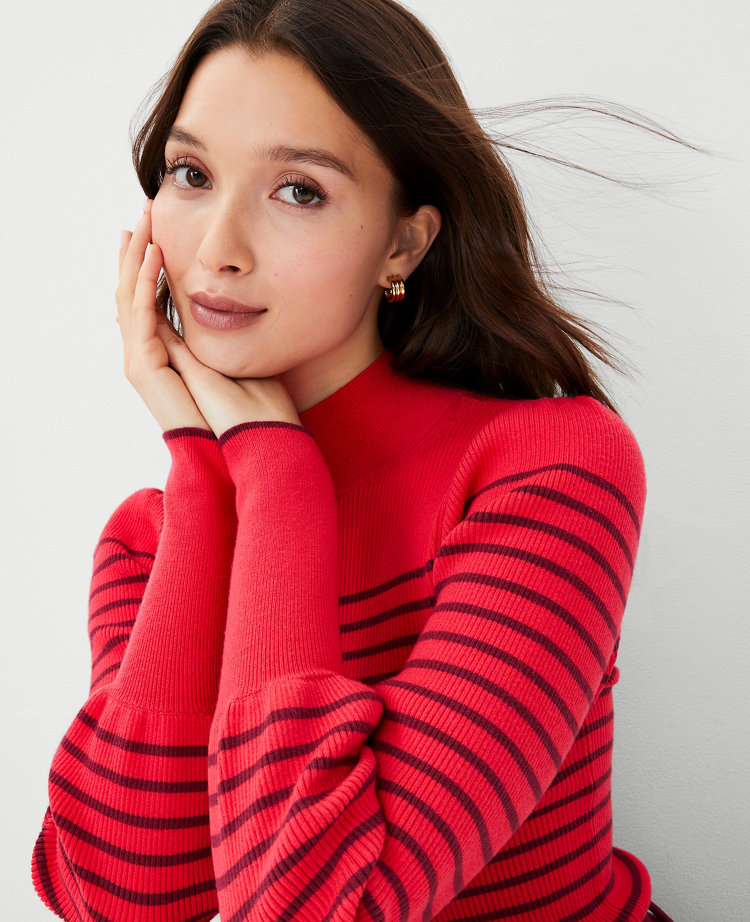 Striped Puff Sleeve Mock Neck Sweater Ann Taylor