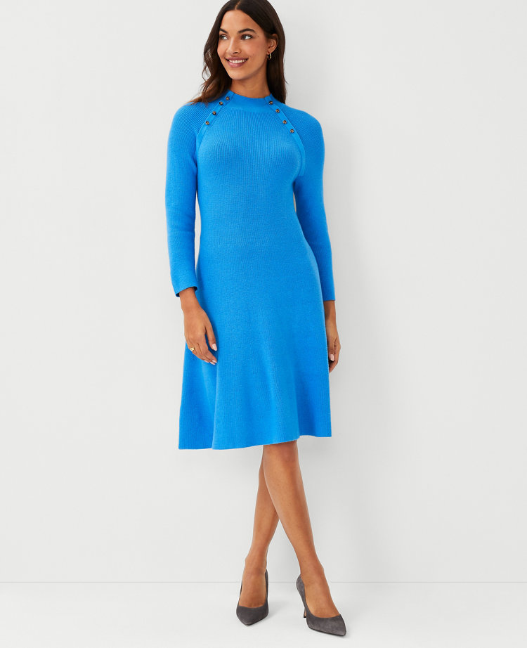 Button Trim Flare Sweater Dress