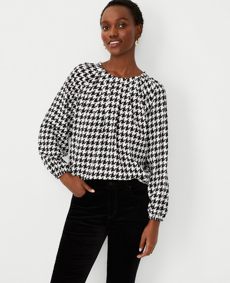 Houndstooth Pleat Neck Top