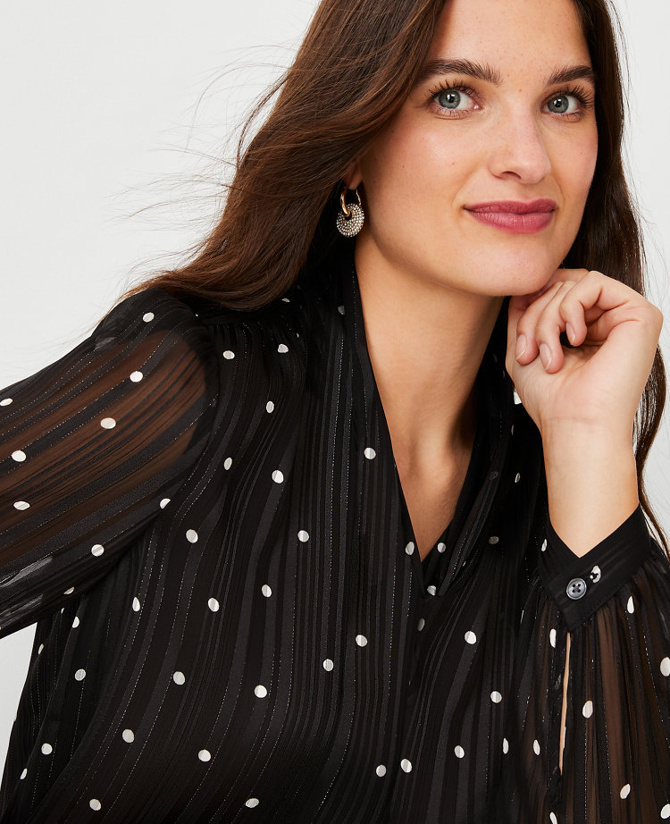 Shimmer Dotted V-Neck Bow Blouse