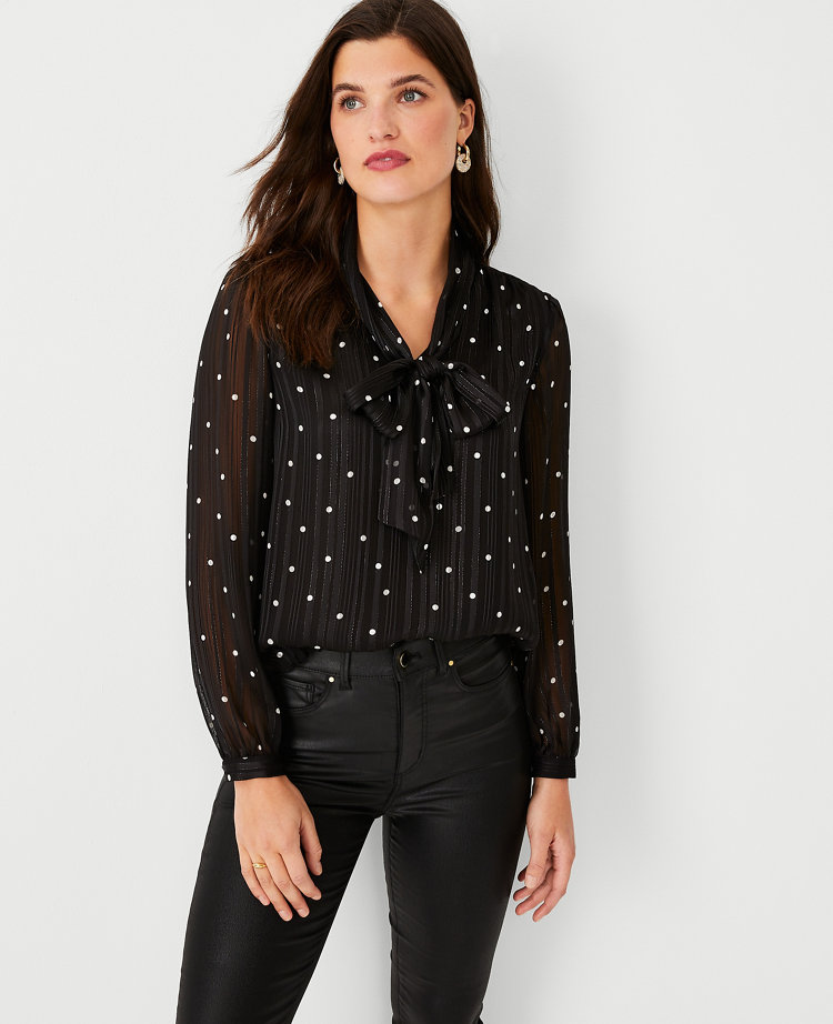 Shimmer Dotted V-Neck Bow Blouse
