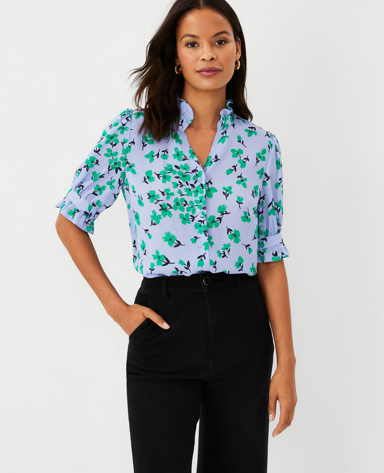 Floral Ruffle Button Top