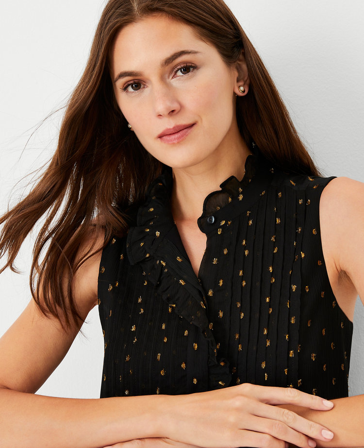 Petite Shimmer Clip Dot Ruffle Pintucked Popover Shell