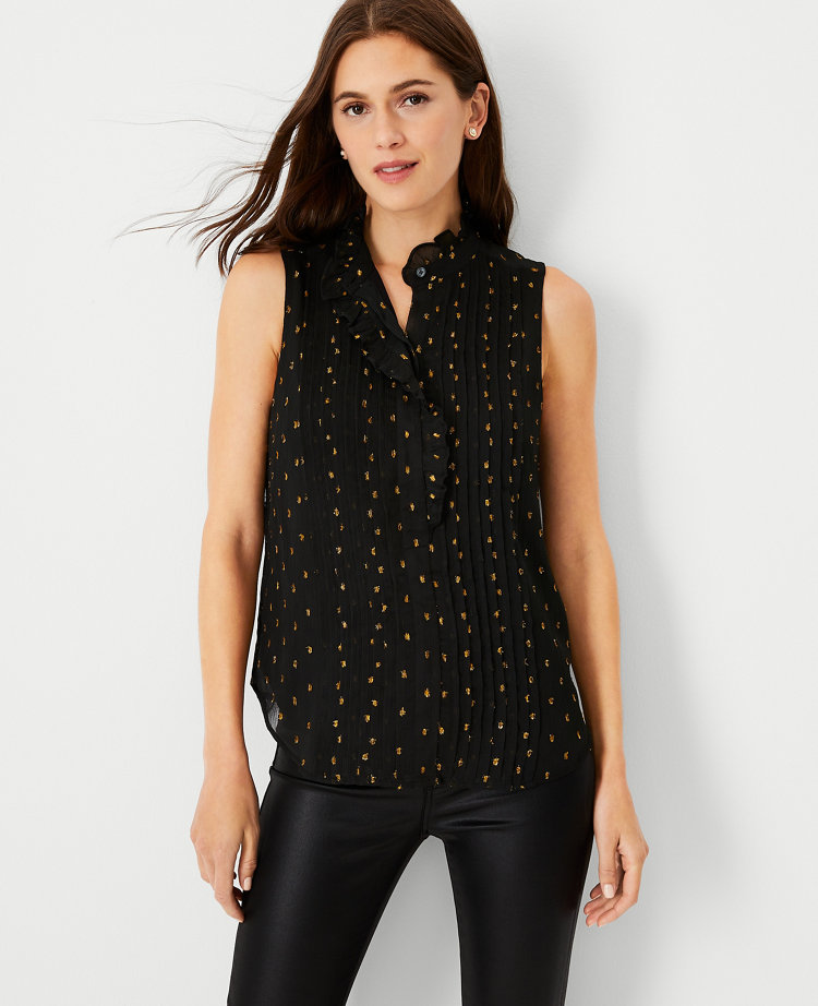 Petite Shimmer Clip Dot Ruffle Pintucked Popover Shell