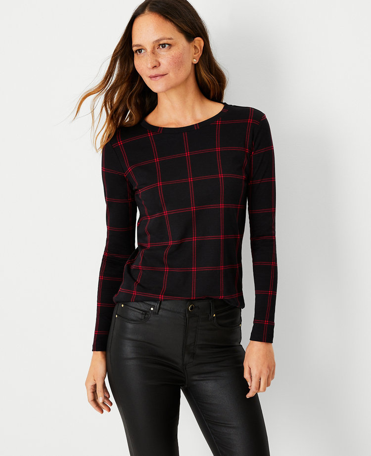 Plaid Long Sleeve Crew Neck Top
