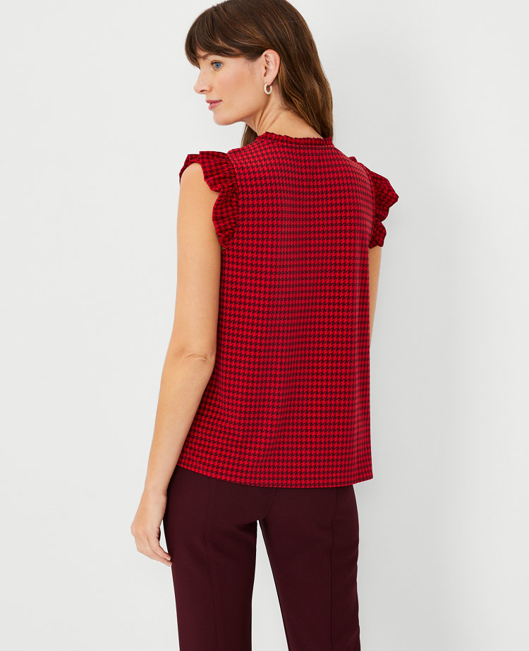 Houndstooth Mixed Media Ruffle Button Shell