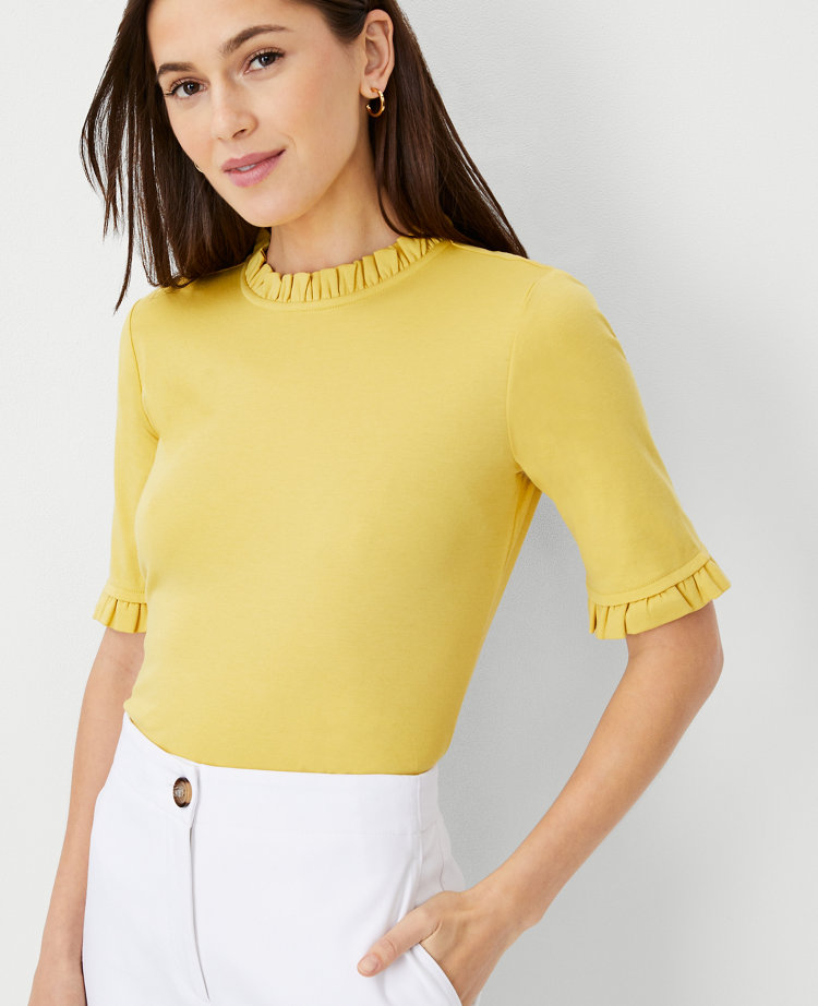 Ruffle Neck Elbow Sleeve Top