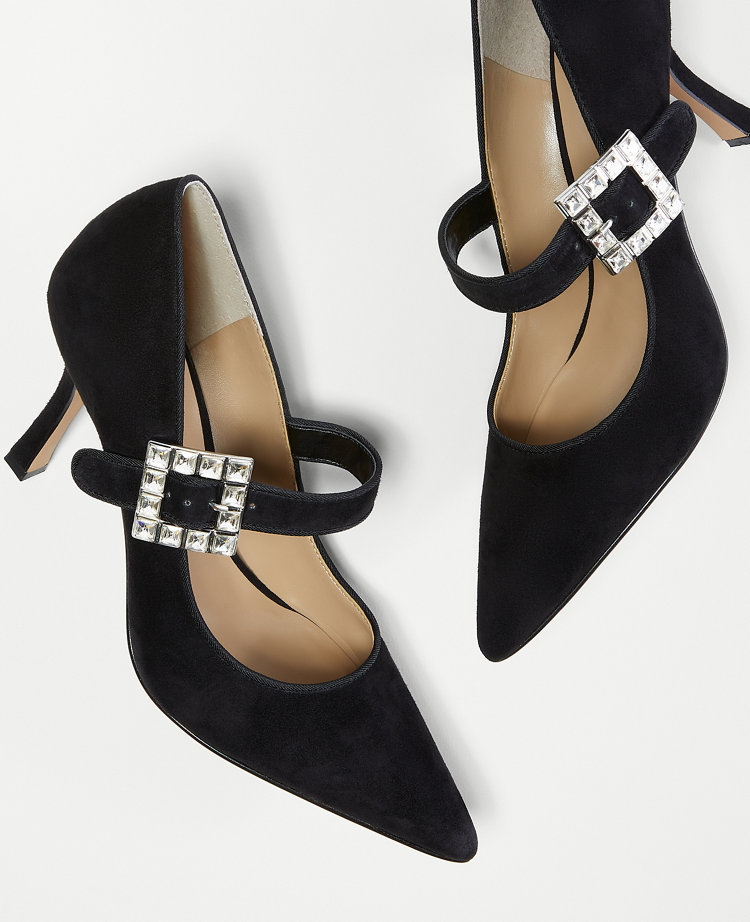 Crystal Buckle Suede Pumps