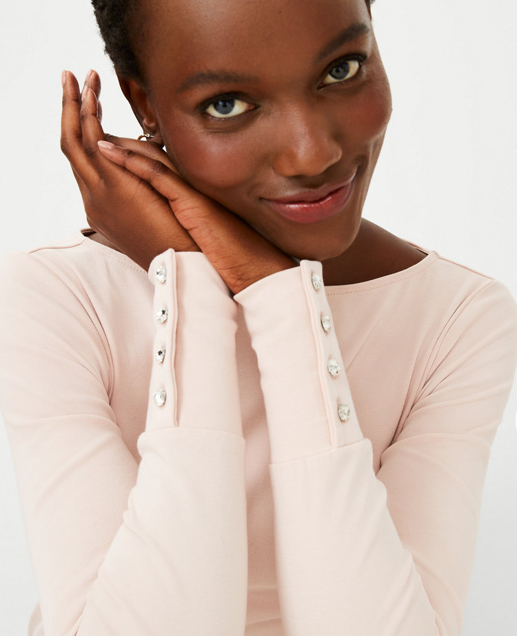 Crystal Button Cuff Boatneck Top