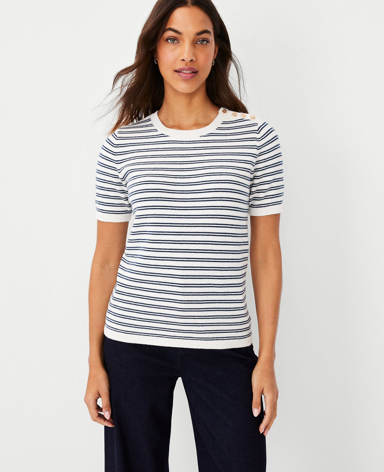 Striped Shoulder Button Sweater Tee