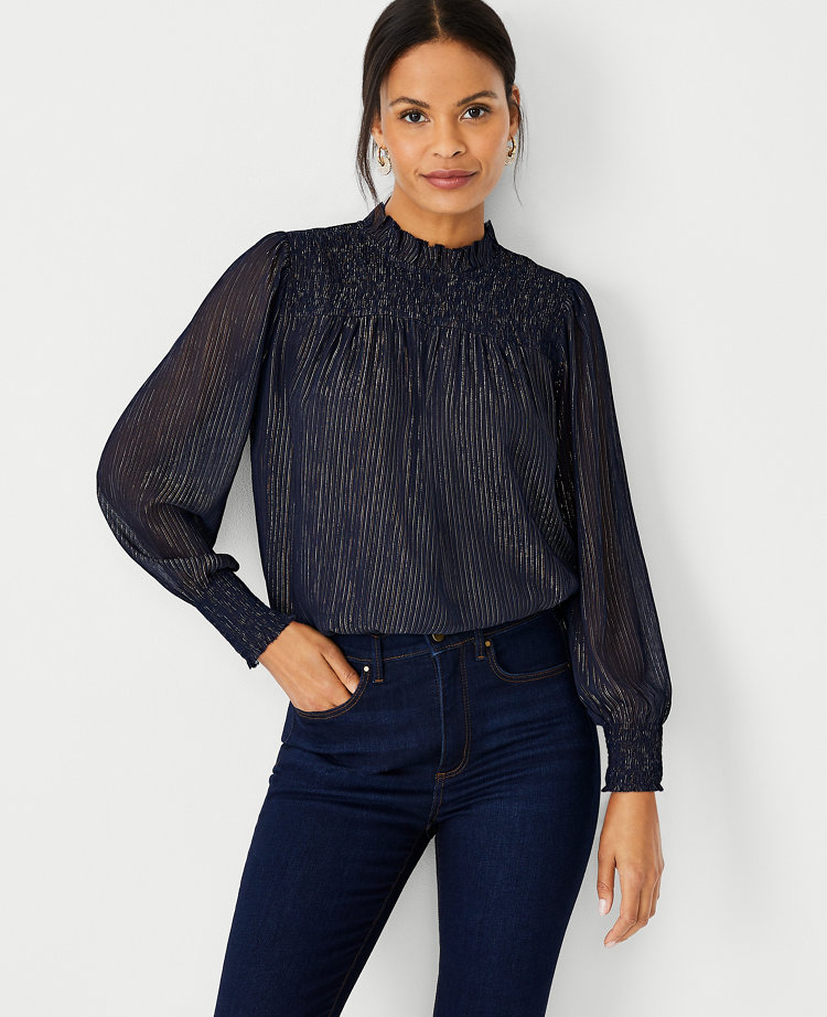 Petite Shimmer Stripe Smocked Blouse