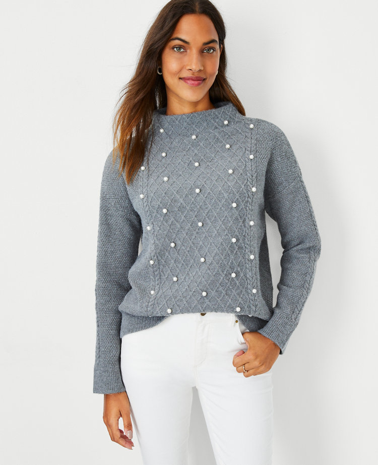 Petite Pearlized Mock Neck Cable Sweater