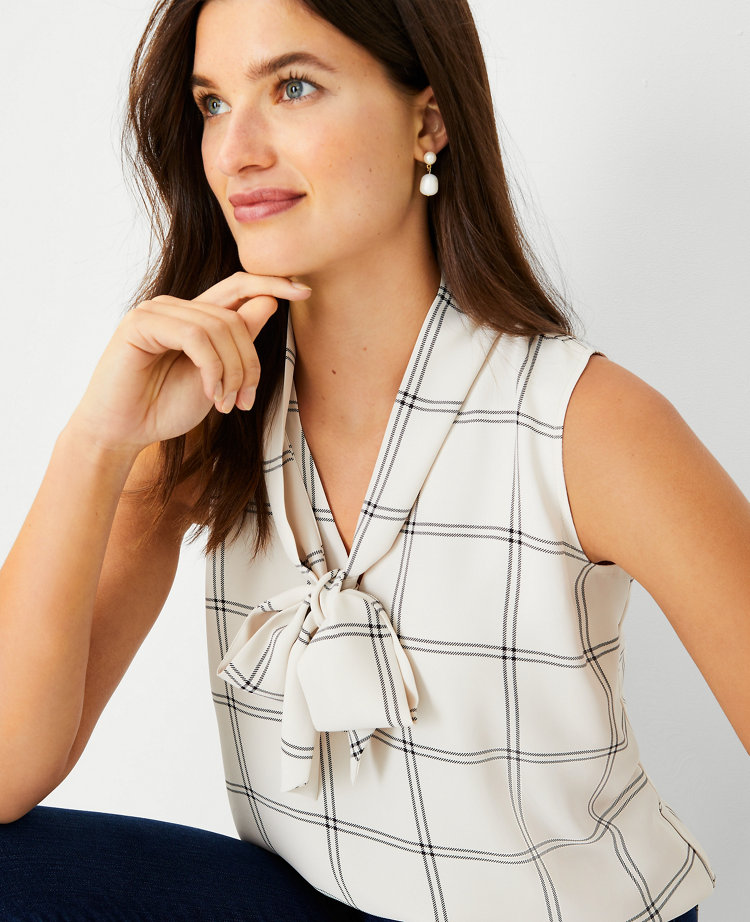 Petite Plaid Bow Neck Shell