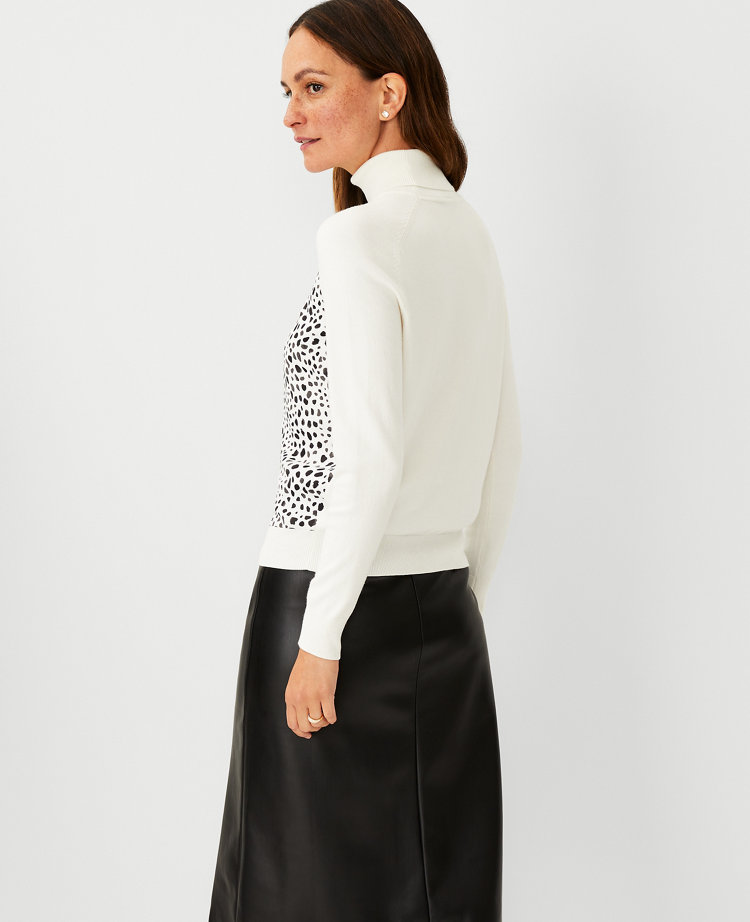 Leopard Print Mixed Media Turtleneck Sweater