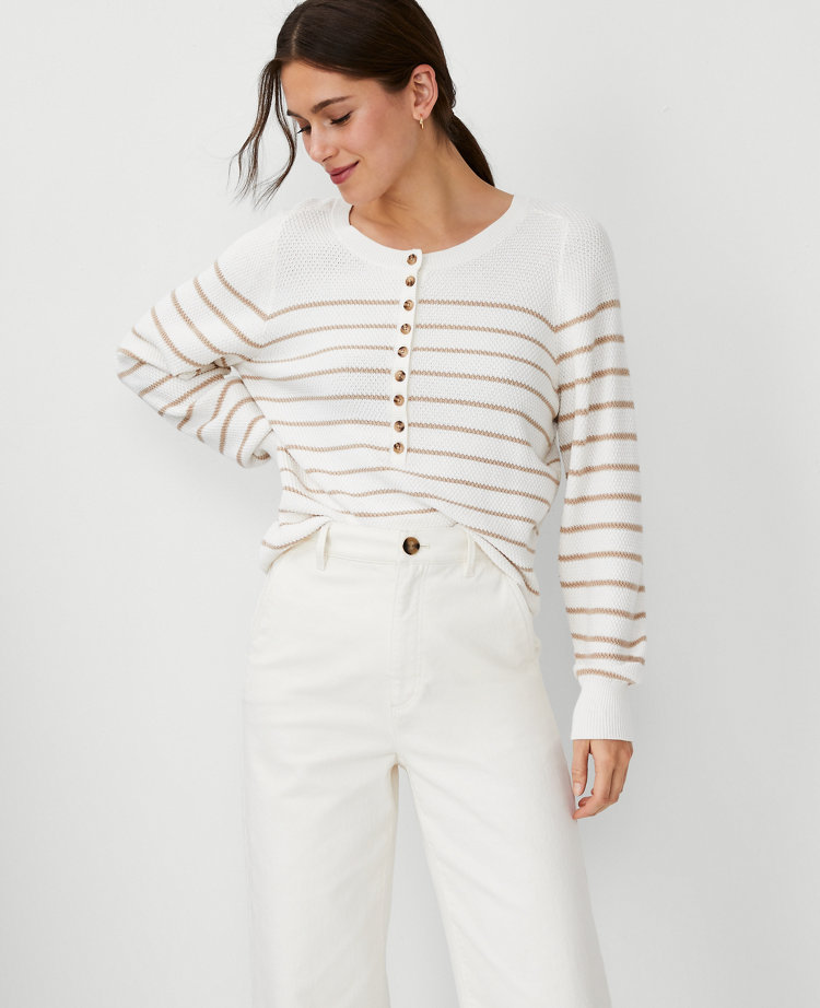 Striped Mesh Stitch Henley Sweater