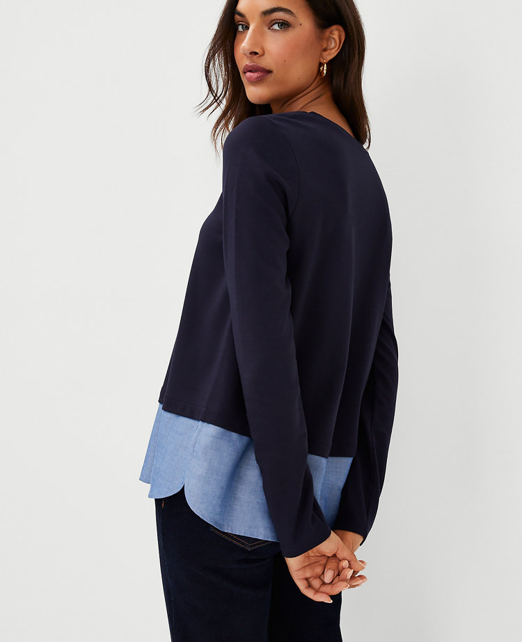 Petite Chambray Layered Mixed Media Top