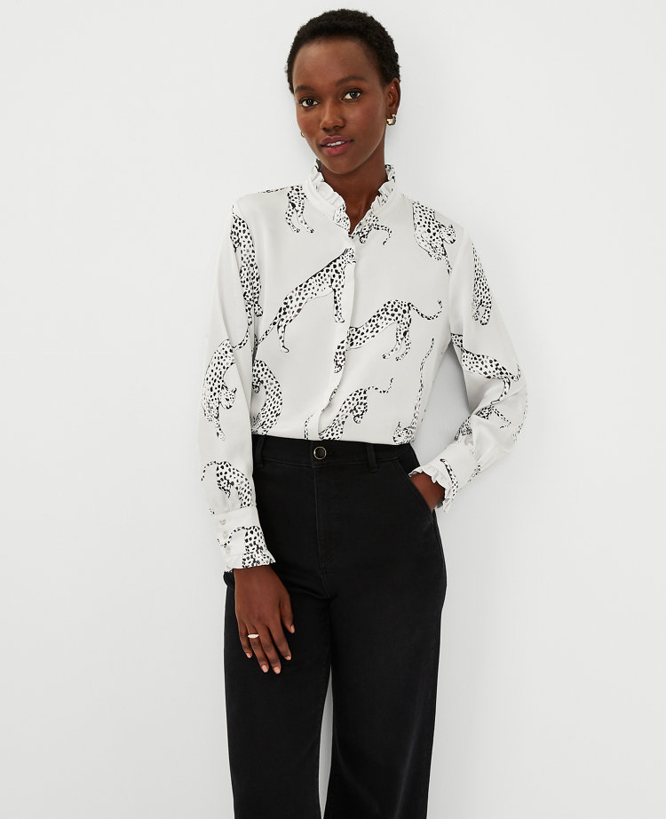 Animal Print Ruffle Neck Shirt