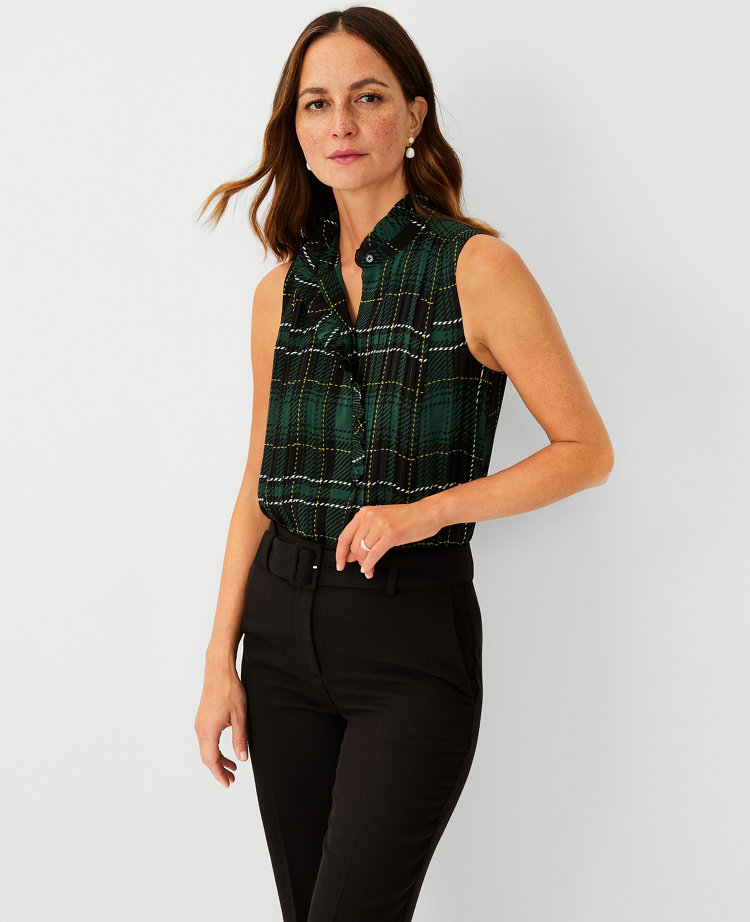 Petite Plaid Ruffle Pintucked Popover Shell