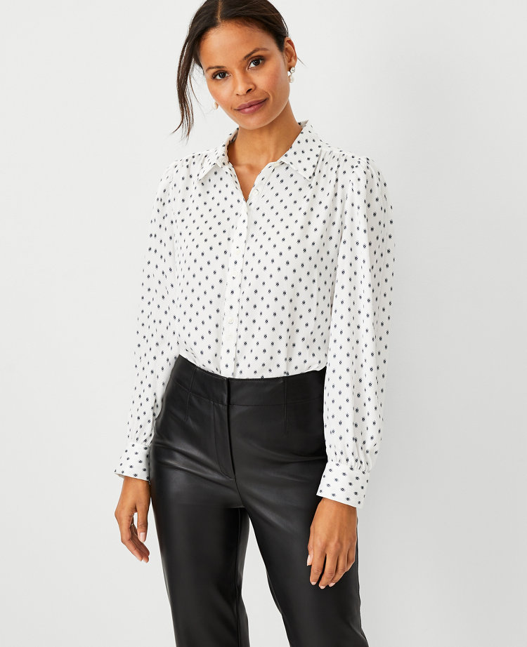 Petite Geo Collared Button Down Blouse