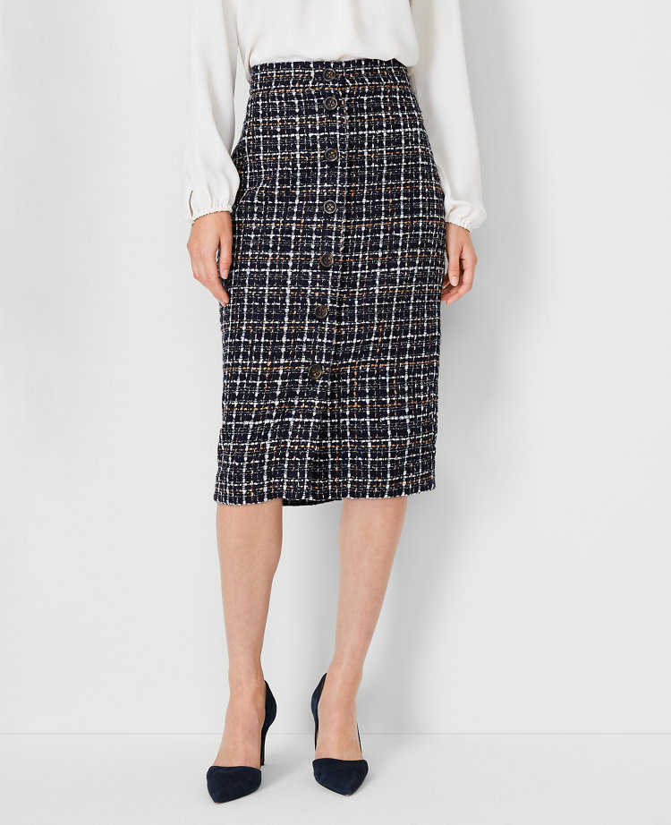 Tweed Button Front Pencil Skirt
