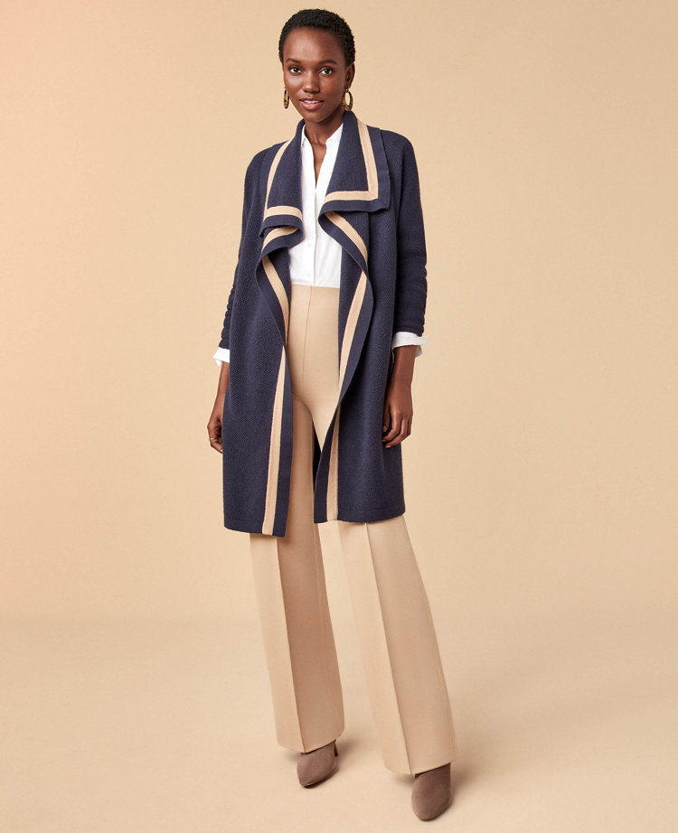 Petite Striped Trim Cascade Cardigan