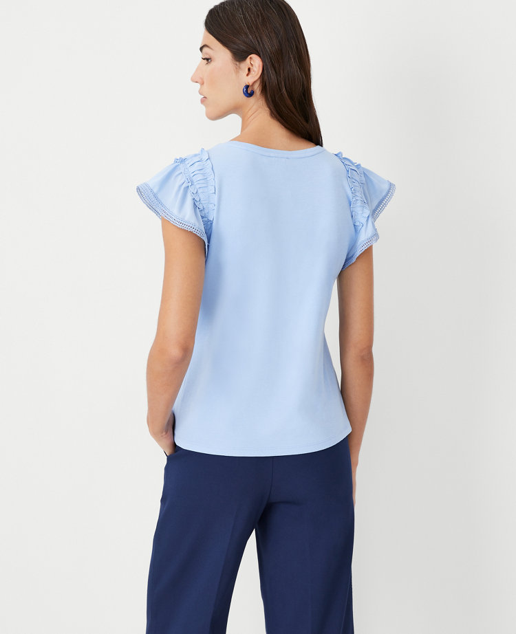 Mixed Media Ruffle Flutter Sleeve Top