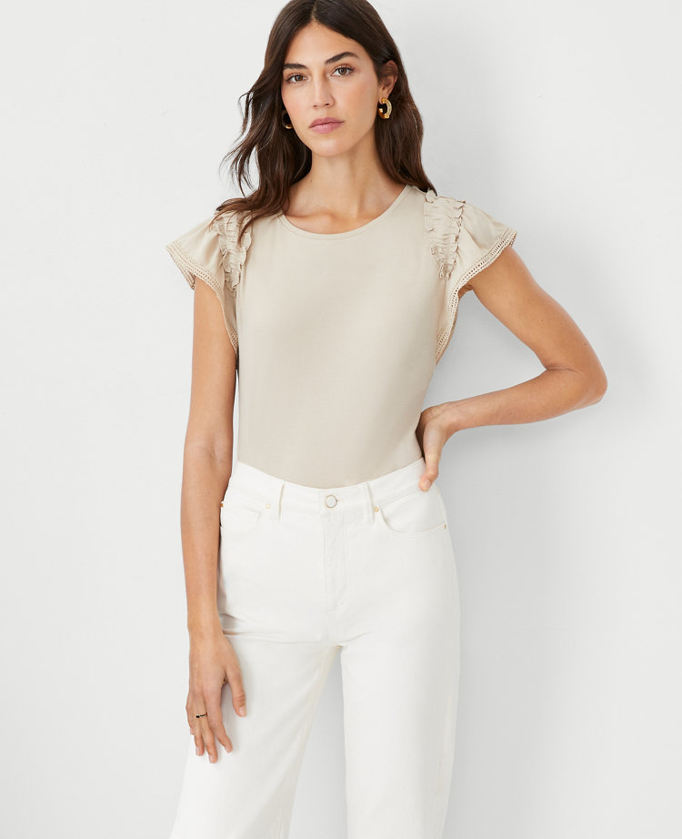 Mixed Media Ruffle Flutter Sleeve Top