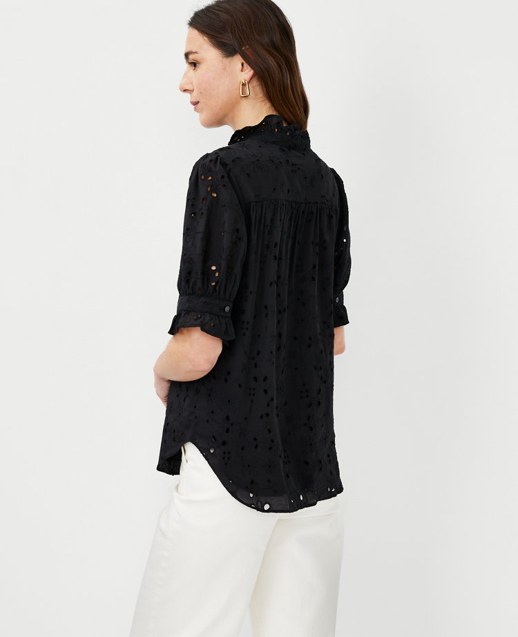 Eyelet Ruffle Button Top