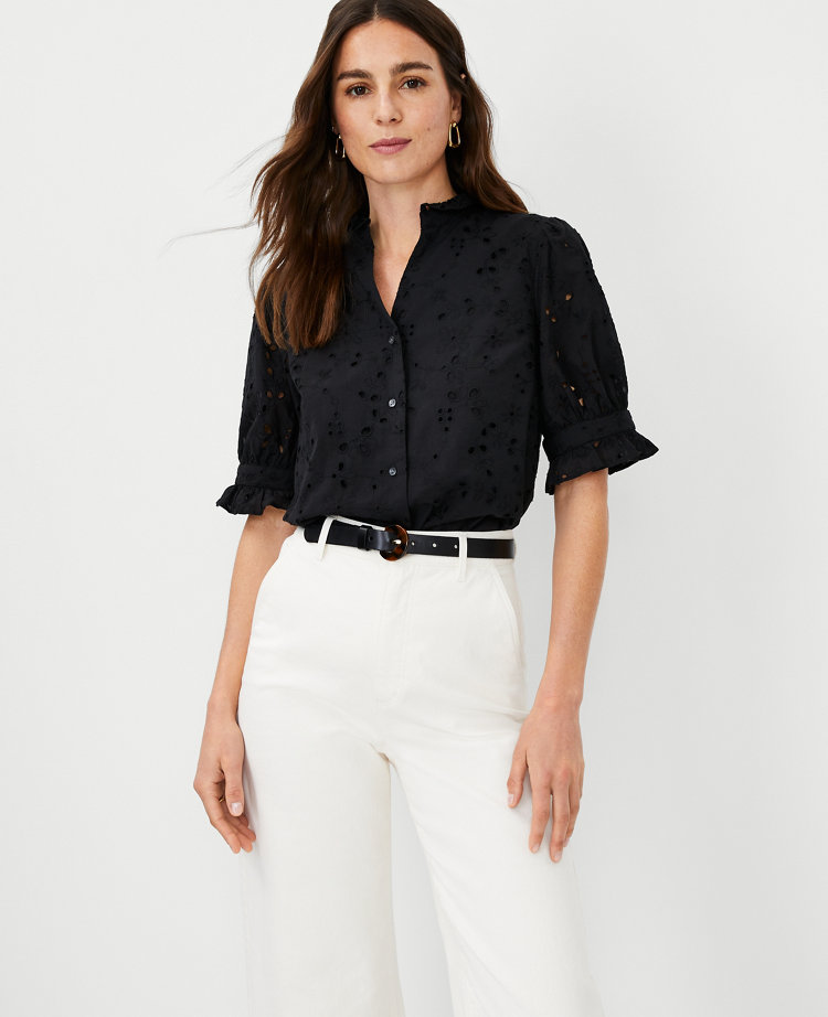 Eyelet Ruffle Button Top
