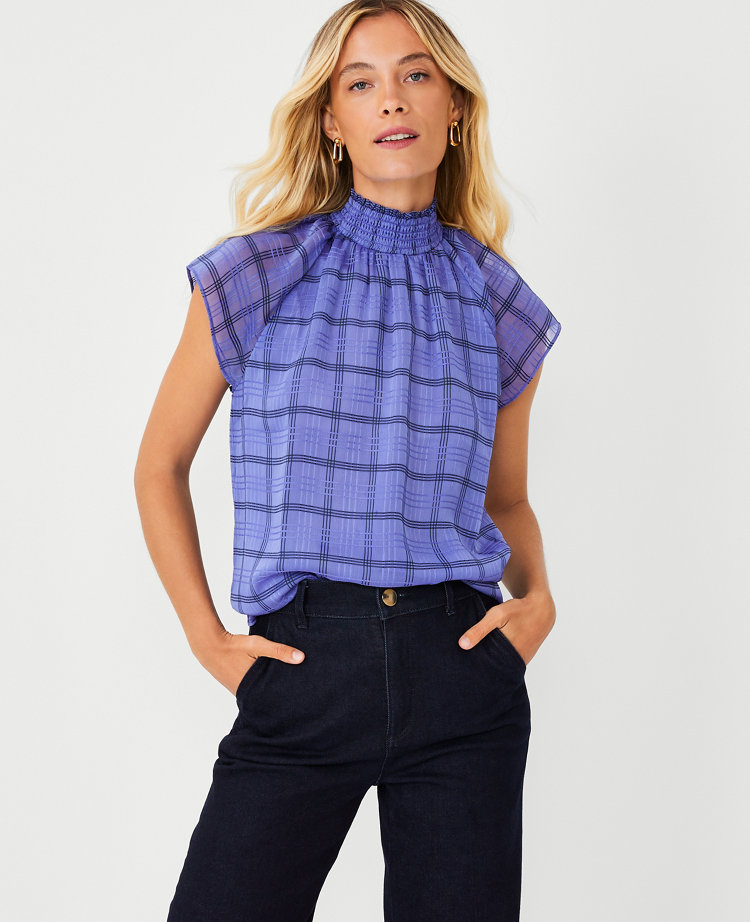 Dobby Smocked Mock Neck Top