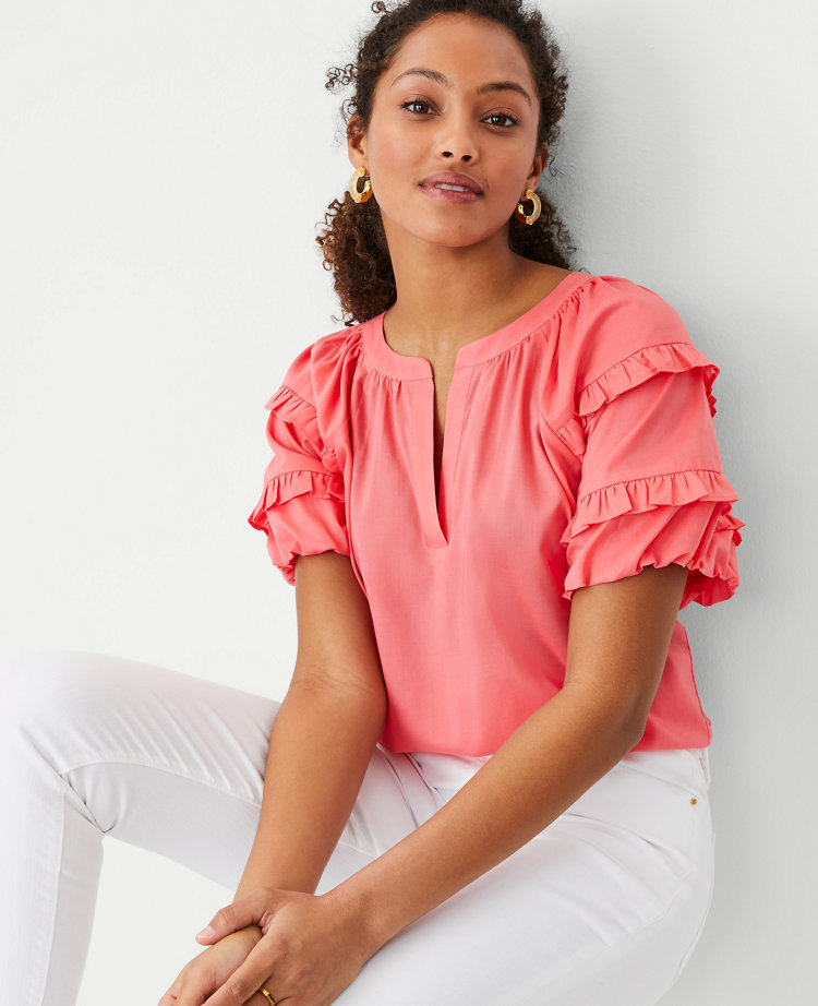Split Neck Ruffle Sleeve Top