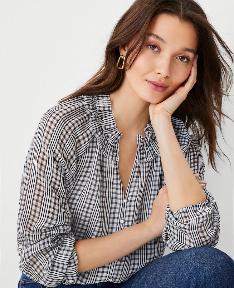Plaid Ruffled Raglan Sleeve Top