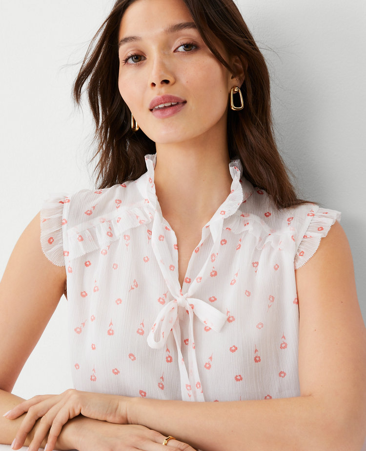 Floral Tie Neck Ruffle Yoke Top