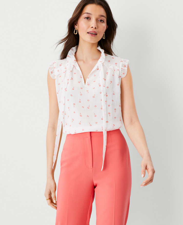 Floral Tie Neck Ruffle Yoke Top
