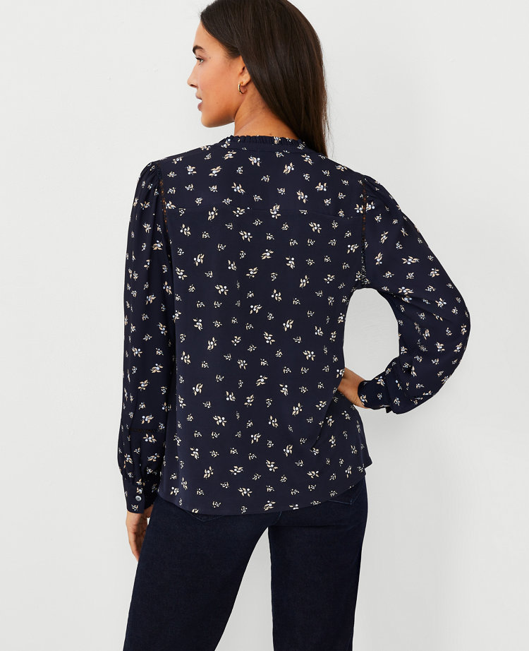 Floral Lace Cutout Mixed Media Ruffle Neck Blouse