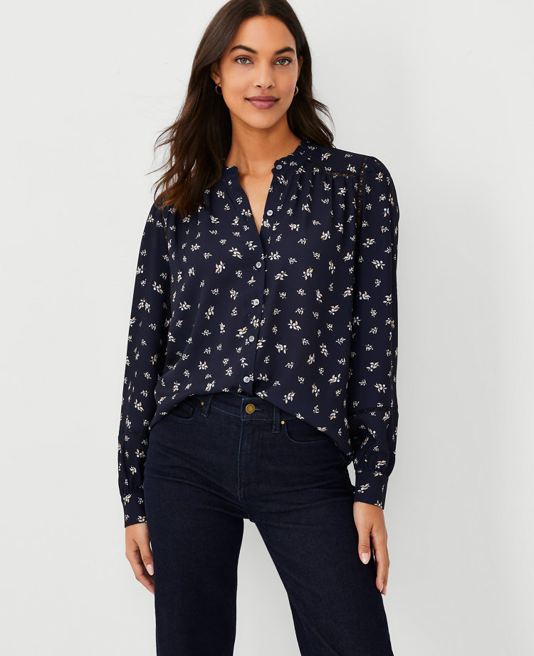 Floral Lace Cutout Mixed Media Ruffle Neck Blouse