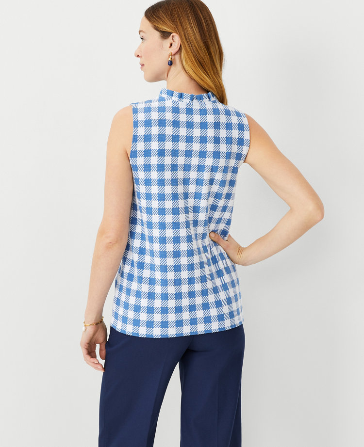 Plaid Ruffle Neck Button Shell
