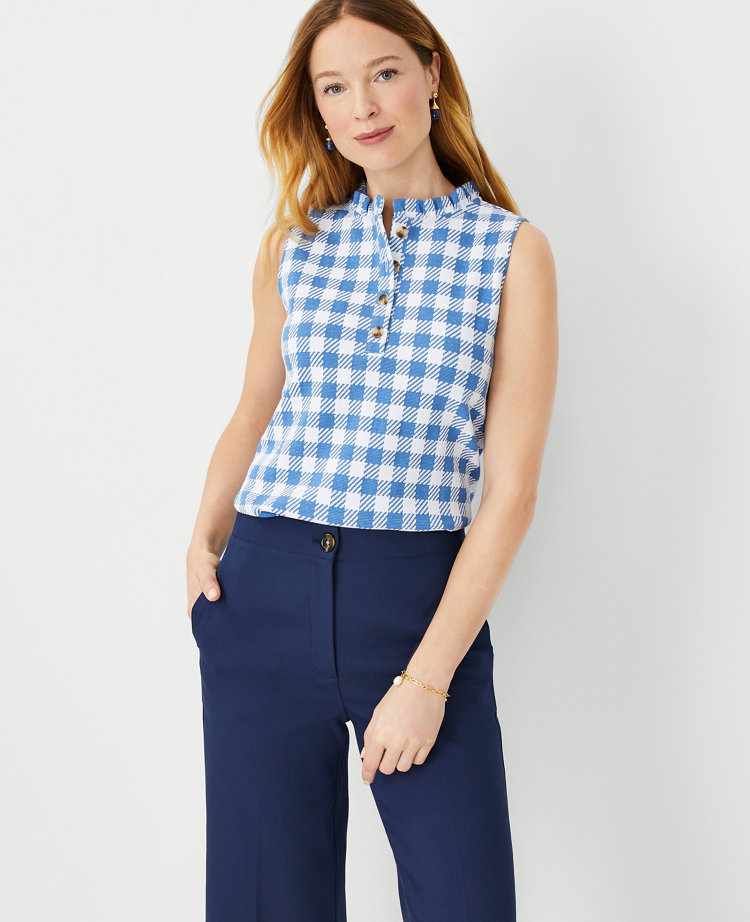 Plaid Ruffle Neck Button Shell